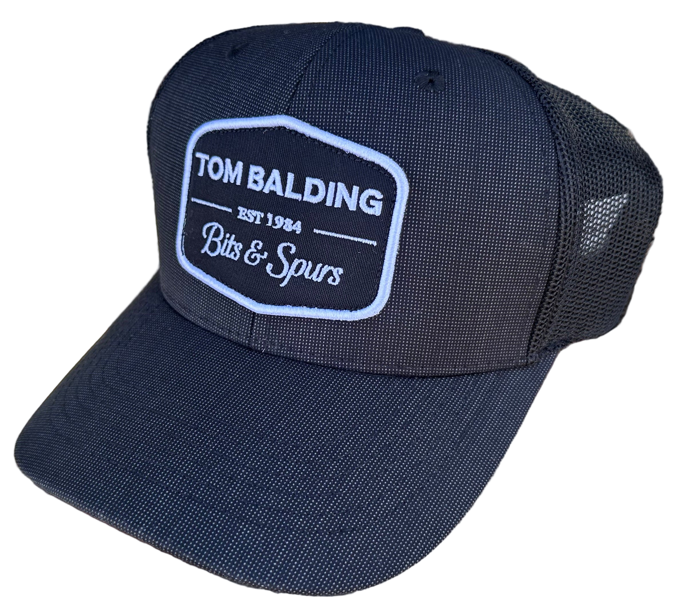 Gorra negra con parche de tela Tom Balding Suite – Tom Balding Bits & Spurs